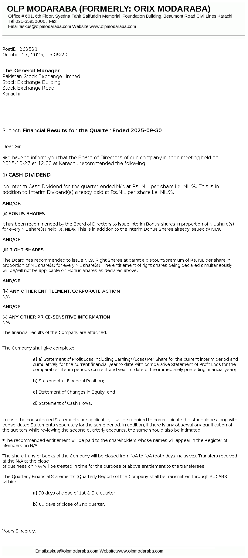 OLPM - OLP Modaraba(Formerly ORIX Modaraba PSX Stock Snapshot ...