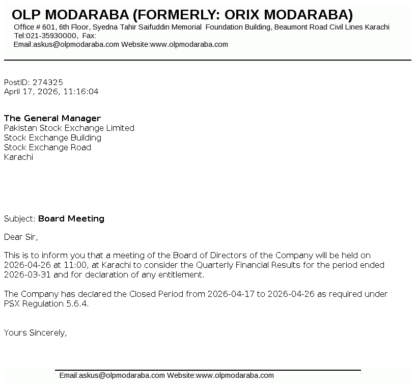 OLPM - OLP Modaraba(Formerly ORIX Modaraba PSX Stock Snapshot ...