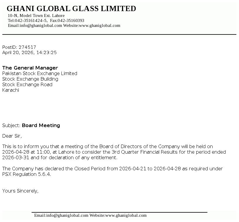 GGGL - Ghani Global Glass Ltd. PSX Stock Snapshot | Fundamentals ...