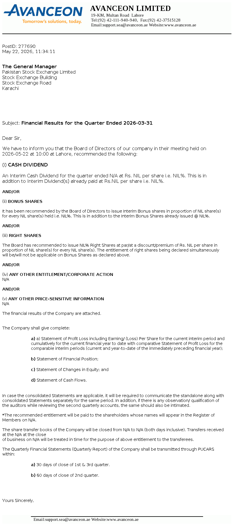 AVN - Avanceon Ltd. Consolidated PSX Stock Snapshot | Fundamentals ...
